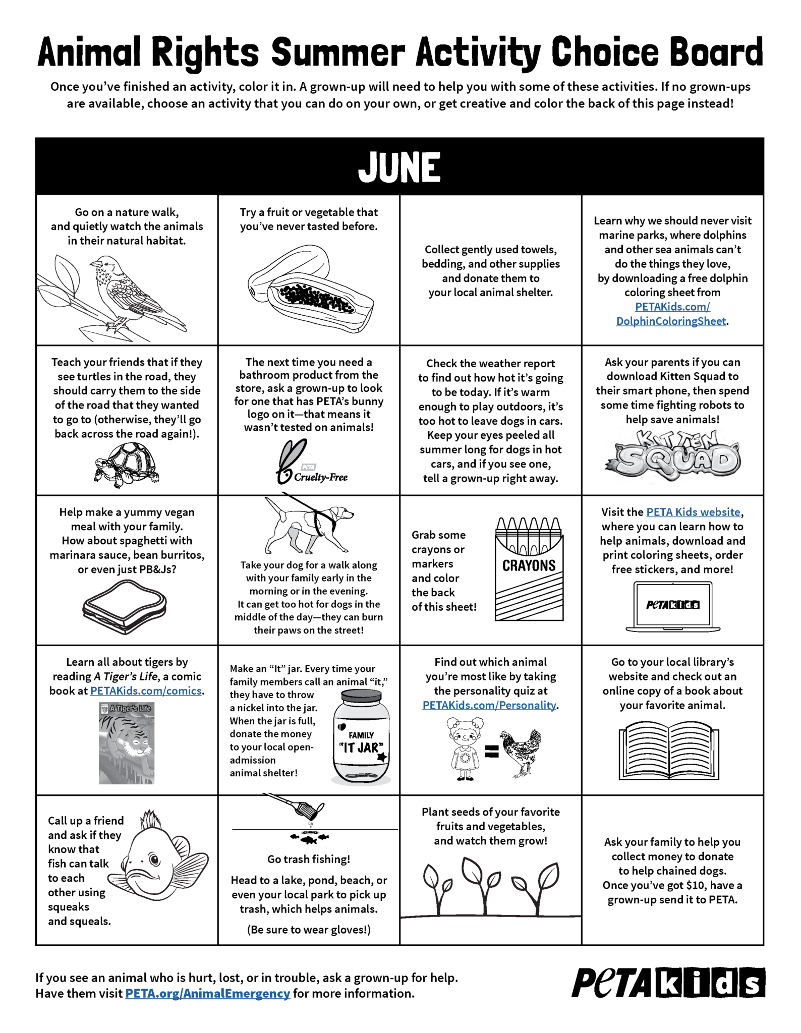 Summertime Kindness to Animals Activity Choice Boards | PETA Kids
