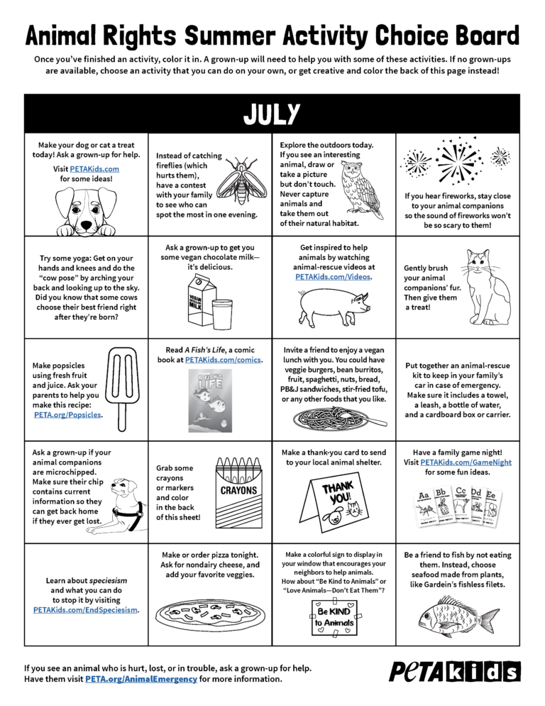 Summertime Kindness to Animals Activity Choice Boards | PETA Kids