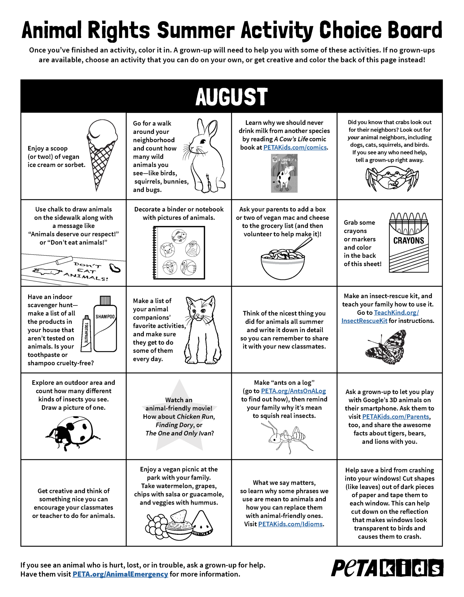 Summertime Kindness to Animals Activity Choice Boards | PETA Kids
